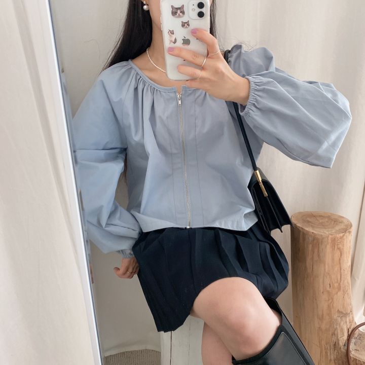 シャーリングラウンドジッパーブラウス - [10代・20代女性ファッション,韓国通販, SONA (ソニョナラ) - ソナ] - ilang