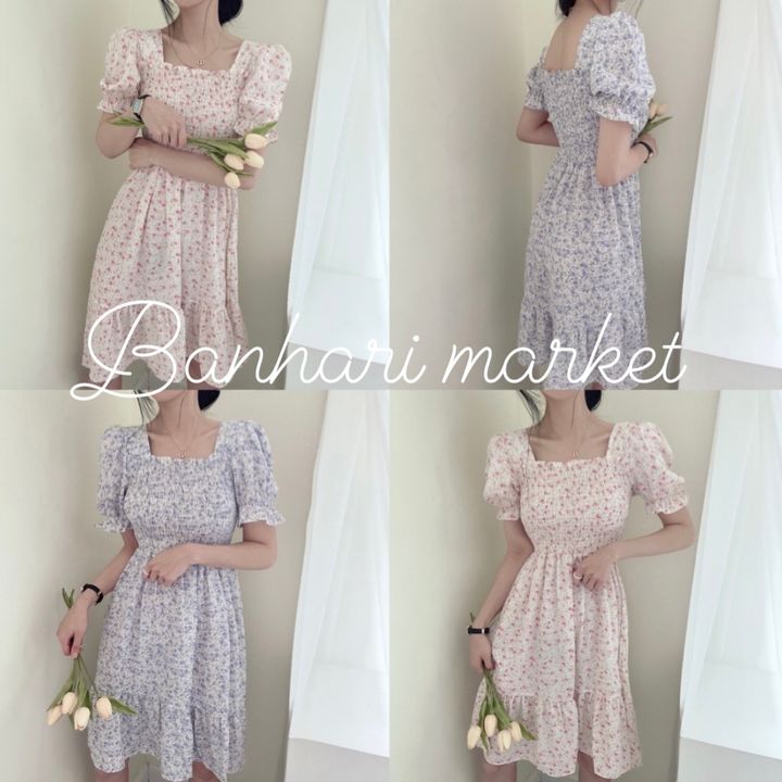 SOP9236 小花柄シャーリングスクエアネックフリルパフ半袖ミニワンピース ミニワンピース - banhari market