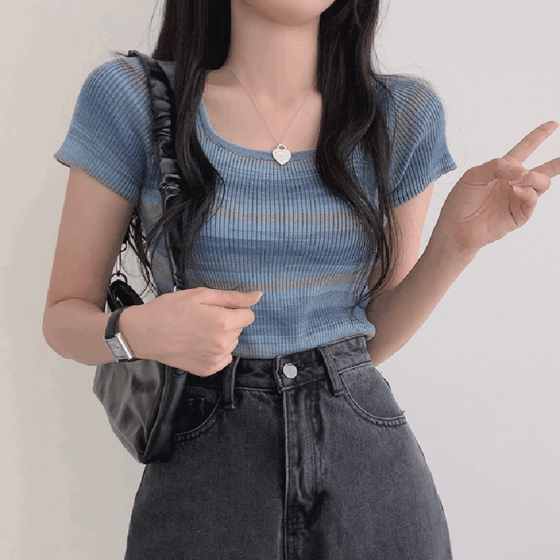 SNT108038 ストライプスクエアネック半袖クロップニット ニット - myu a rin