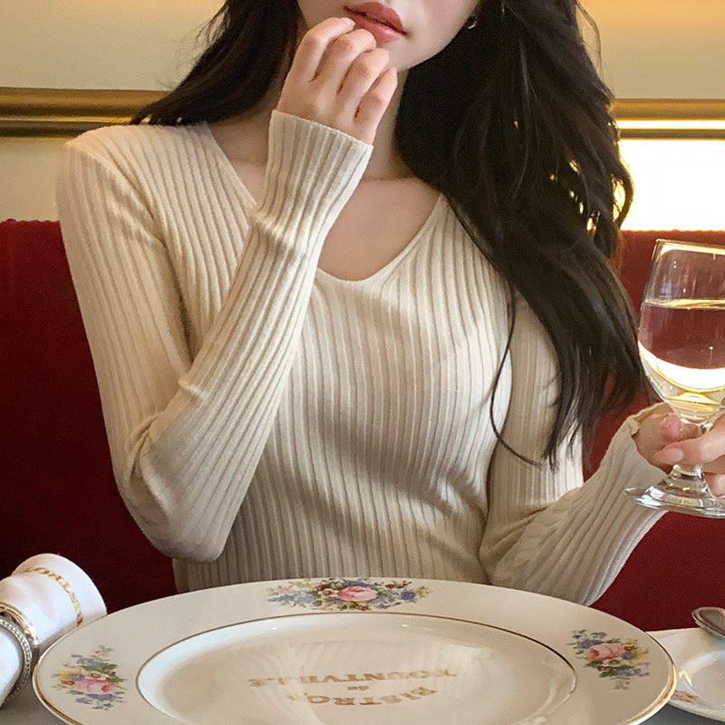 SNT19923 リブVネックニットトップス ニット - attrangs