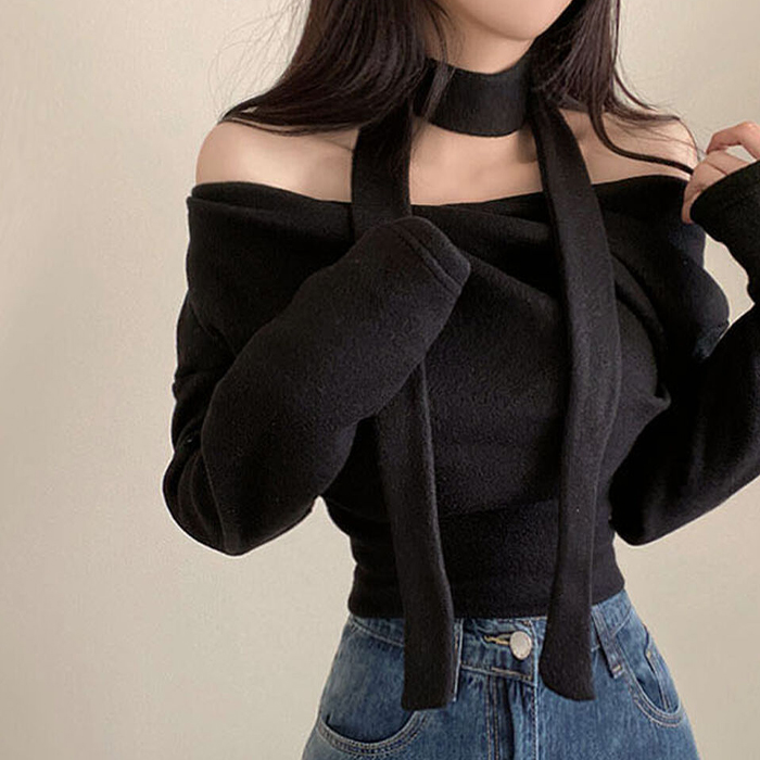 SNT21556 【SET】チョーカー＋ドレープオフショルスリムニット ニット - banhari market