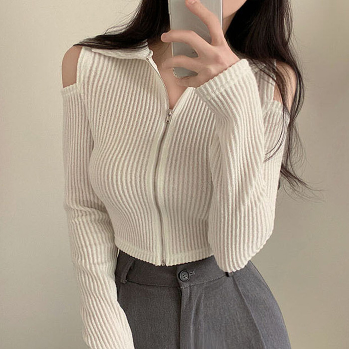 SJP9443 クロップオープンショルダージップアップスリムリブ ジャンパー - banhari market