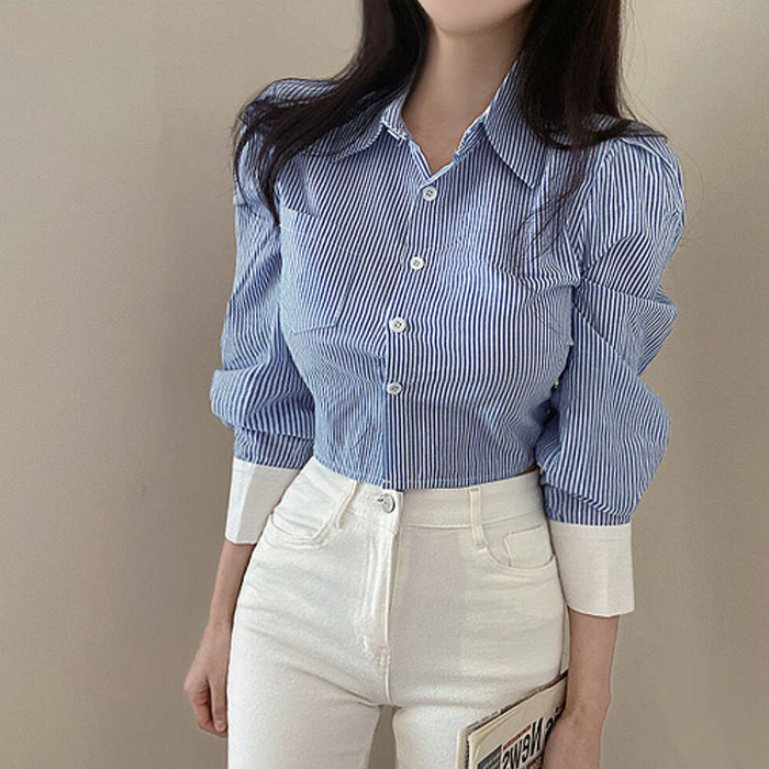 SBS16670 ウエストくびれストライプクロップパフブラウス シャツ - banhari market