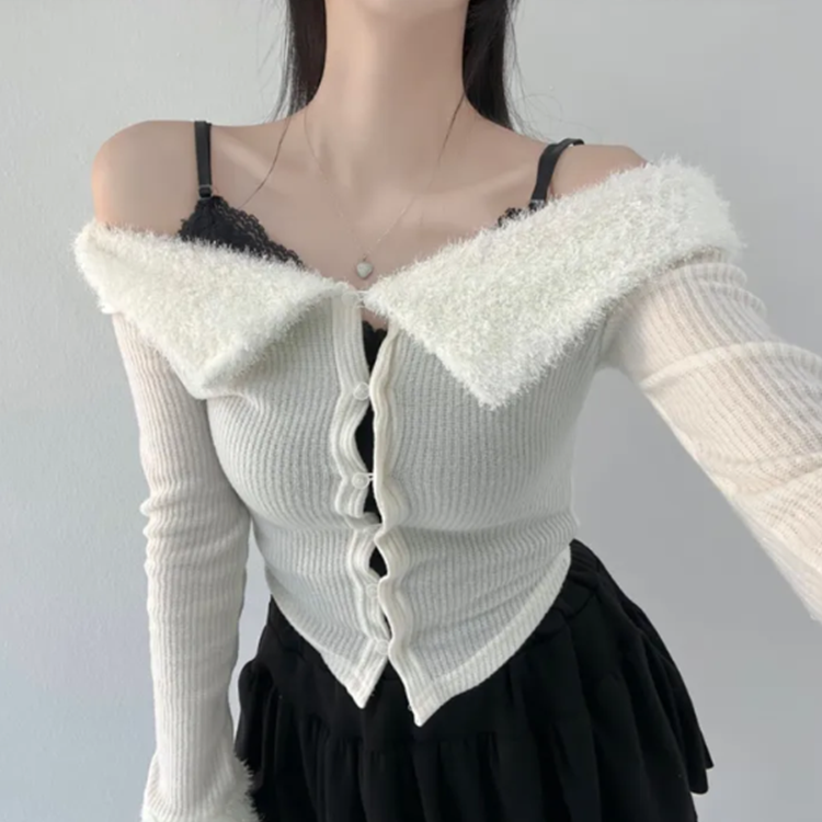 SGD19332 アンゴラポイントオフショルダースパンリブニットカーディガン カーディガン - jasminbell