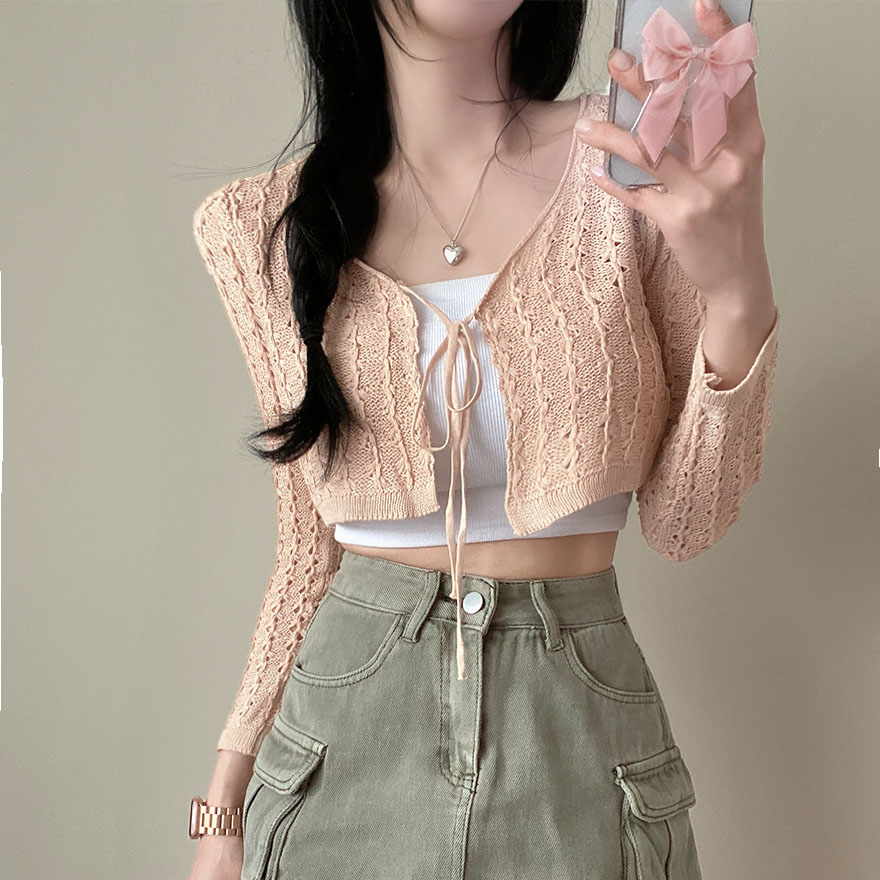 SGD20952 リボンパンチングVネックボレロカーディガン カーディガン - banhari market