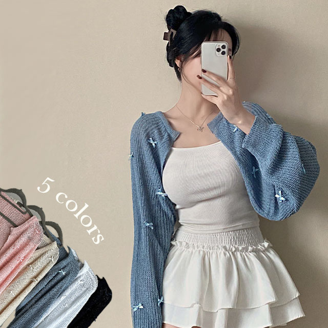 SGD21318 サマーリボンクロップボレロ長袖ニットカーディガン5色 カーディガン - banhari market