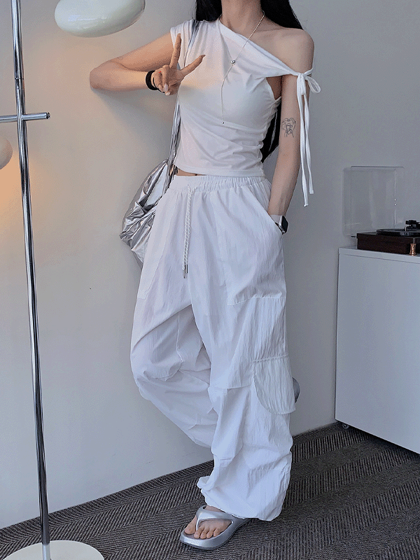 SPS26003 【ジョガー調節可】ナイロンワイドストリングパンツ コットンパンツ - yemomile