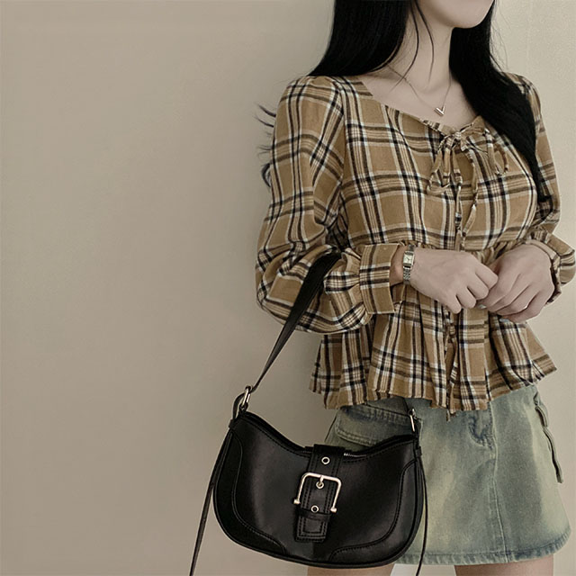 SBS23151 スクエアネックリボンチェックオーバーフィット長袖ブラウス ブラウス - banhari market