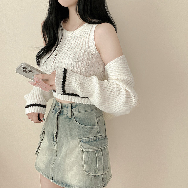 SGD22982 【SET】リブボレロ長袖ニットカーディガン ノースリーブ カーディガン - banhari market