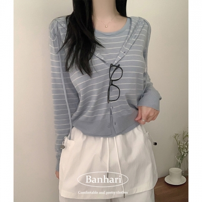 SNT30463 ストライプキャミソールフードカーディガン ニット - banhari market