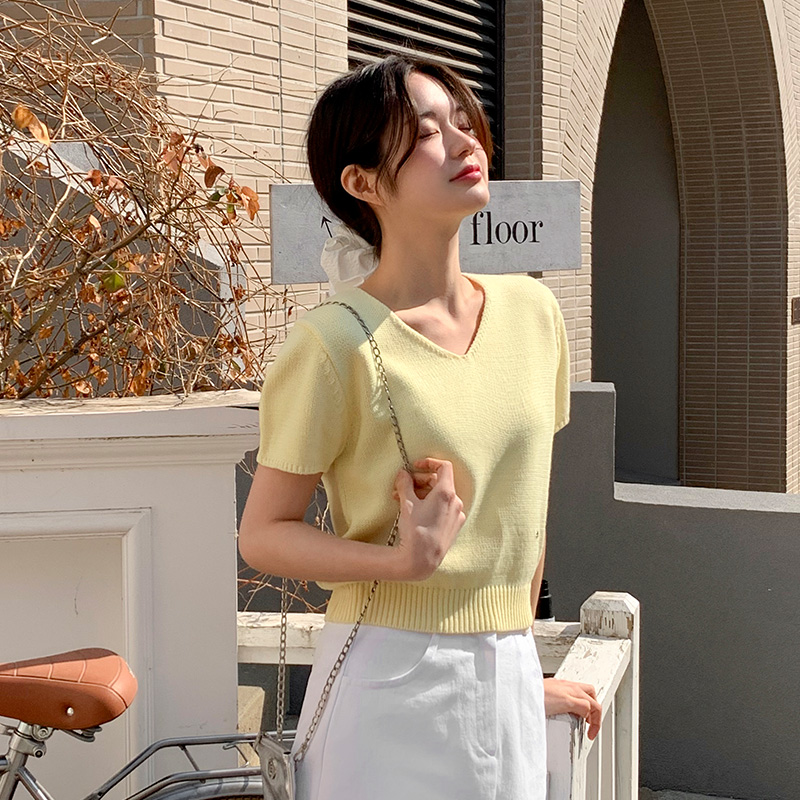 SNT30791 (ペンダントポイント/色味が可愛い♥/脚長効果) フロエン Vネック ペンダント クロップド 半袖 ニット ニット - attrangs