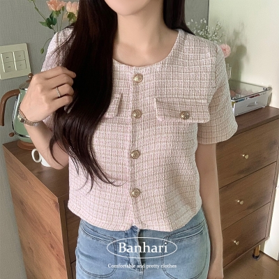 SJK14165 サマーツイードクロップ半袖カーディガン ジャケット - banhari market