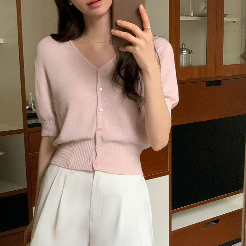 SGD27743 （色味が魅力／華奢見え／MDおすすめ）ベネ Vネック パフスリーブ 半袖サマーカーディガン カーディガン - attrangs