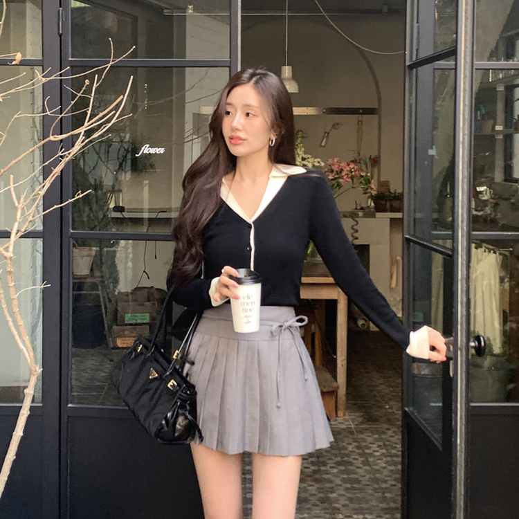 SGD26605 （ブランドクオリティ / レイヤード風♥）デリミ配色カラー レイヤードVネックカーディガン カーディガン - attrangs