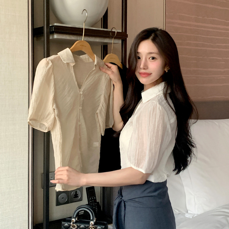 SBS26086 (夏用ブラウス/華奢見えフィット♥/フォーマルルック) クレア シアー パフスリーブ Vネック カラーブラウス ブラウス - attrangs