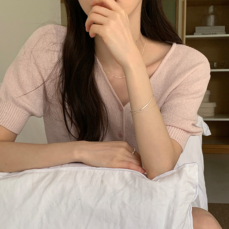 SGD27743 （色味が魅力／華奢見え／MDおすすめ）ベネ Vネック パフスリーブ 半袖サマーカーディガン カーディガン - attrangs